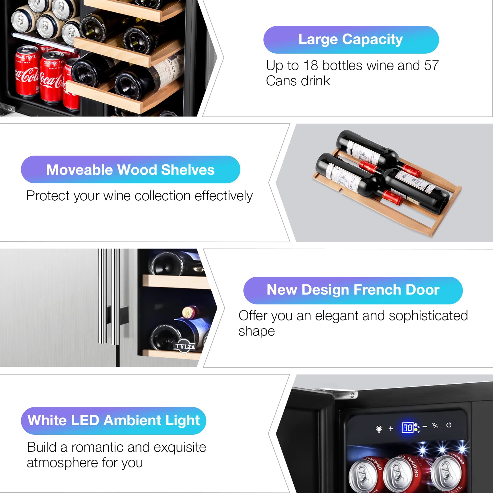Tylza Wine and Beverage Refrigerator, 24 inch Dual Zone Wine Beverage Cooler Built-in and Freestanding, with Seamless Stainless Steel Door Quick Cooling Under Counter Beer Wine refrigerator TYBC120-2