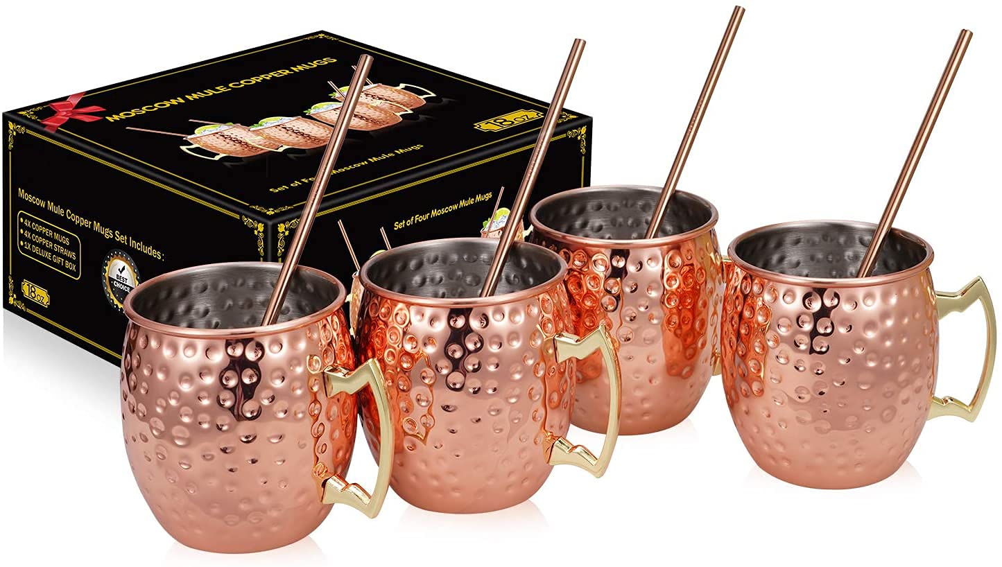Widousy Moscow Mule Copper Mugs - Set of 4-HANDCRAFTED - Solid Copper Mugs 16 oz Gift Set with BONUS ：4 Cocktail Copper Straws