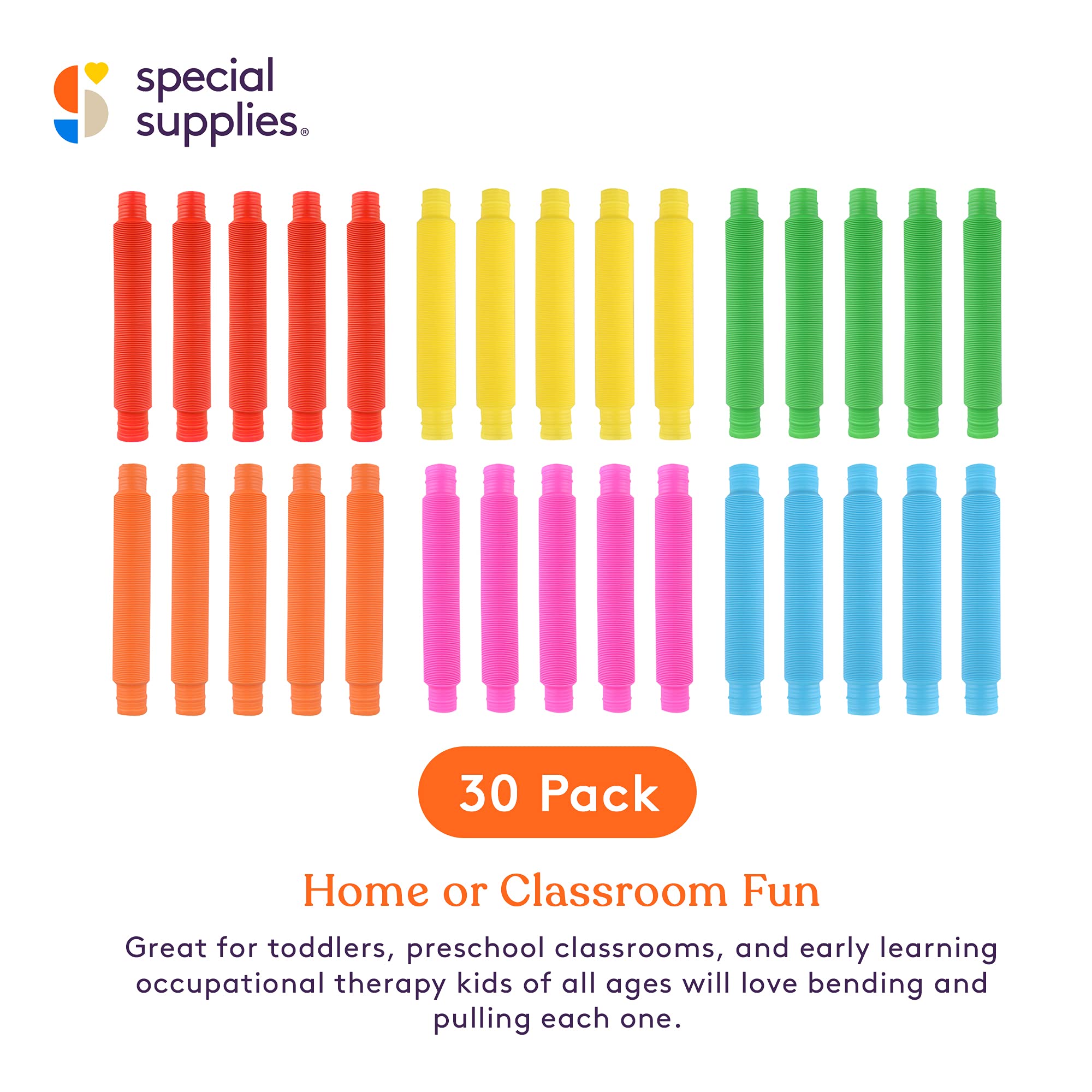 Special Supplies Fun Pull and Stretch Tubes for Kids - Pop, Bend, Build, and Connect Toy, Provide Tactile and Auditory Sensory Play, Colorful, Heavy-Duty Plastic (30)