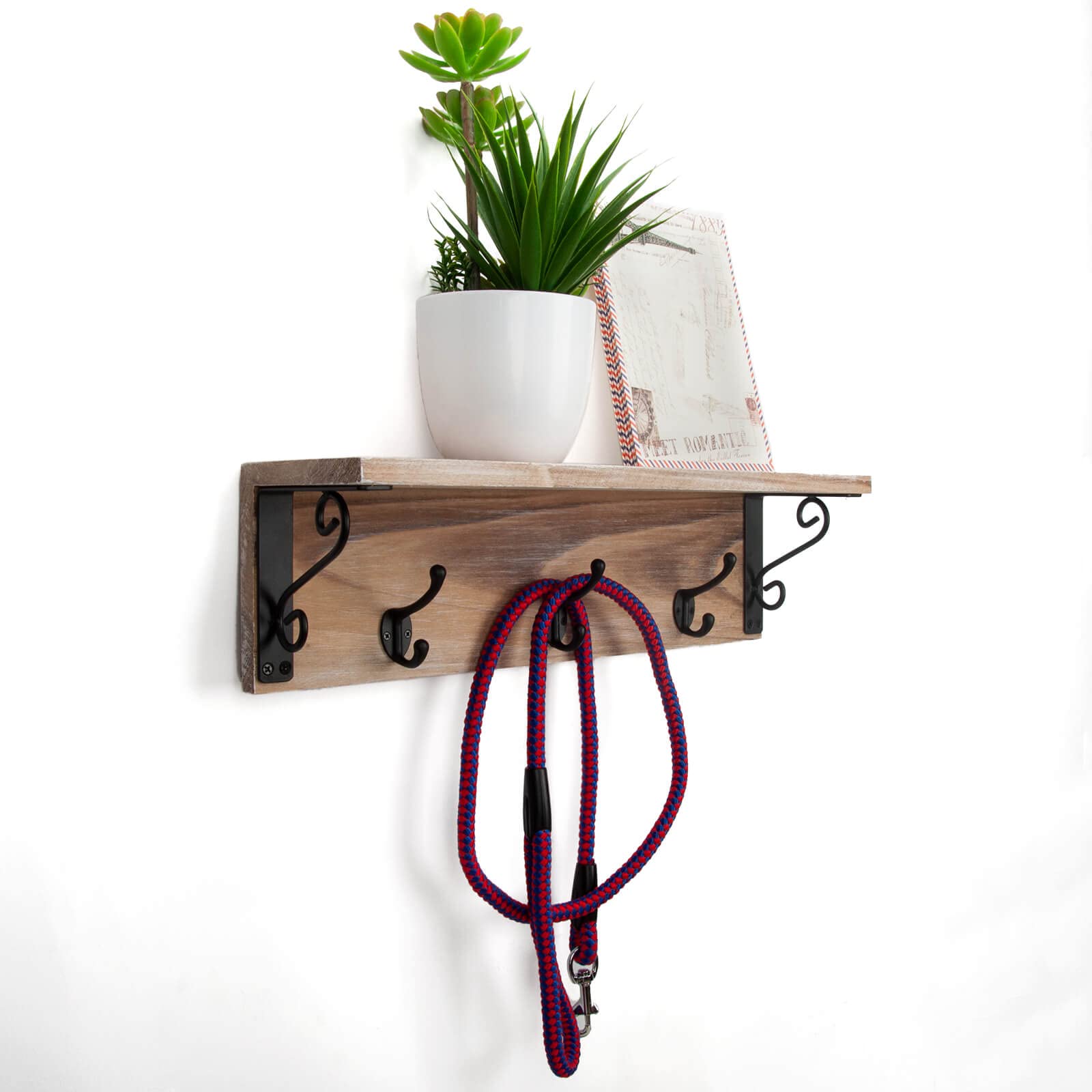 Spiretro Coat Hook Rack with Shelf, Wall Floating Shelves with Leash Key Holder, Hat Bag Organize, Storage, Decorative for Entryway, Hallway, Bedroom, Set of 2, Rustic Wood White