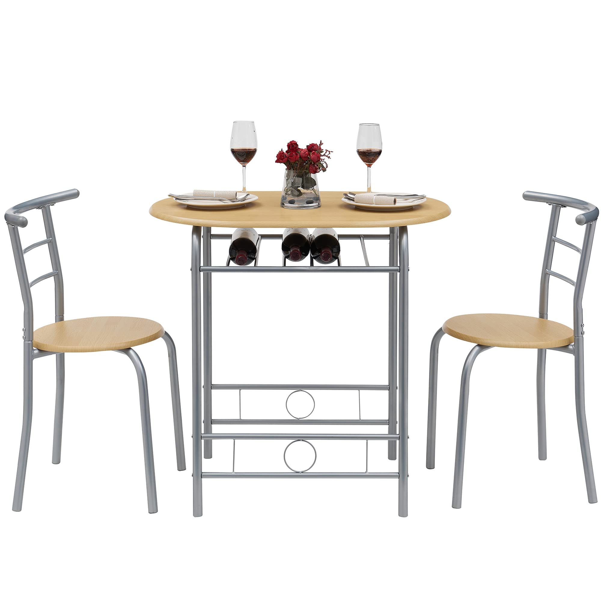 VECELO 3 Piece Wood Round Table & Chair Set for Dining Room Kitchen Bar Breakfast, with Wine Storage Rack, Space Saving, 31.5", Natural and Silver