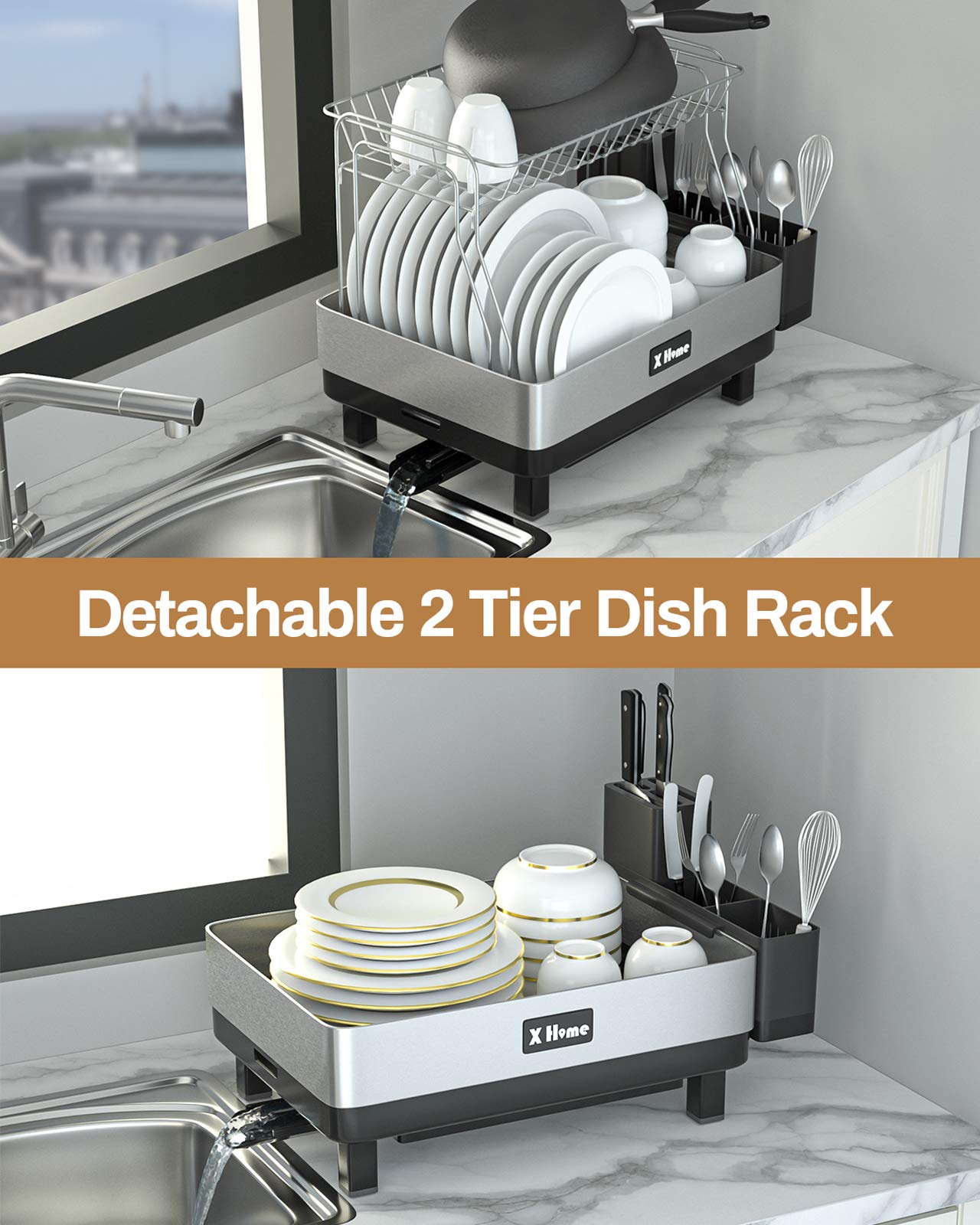 X Home Dish Racks for Counter with Drainage, Removable 2 Tier Kitchen Stainless Steel Frame Dish Rack with Drainboard and Swivel Spout, 21 Inch, Fingerprint-Proof