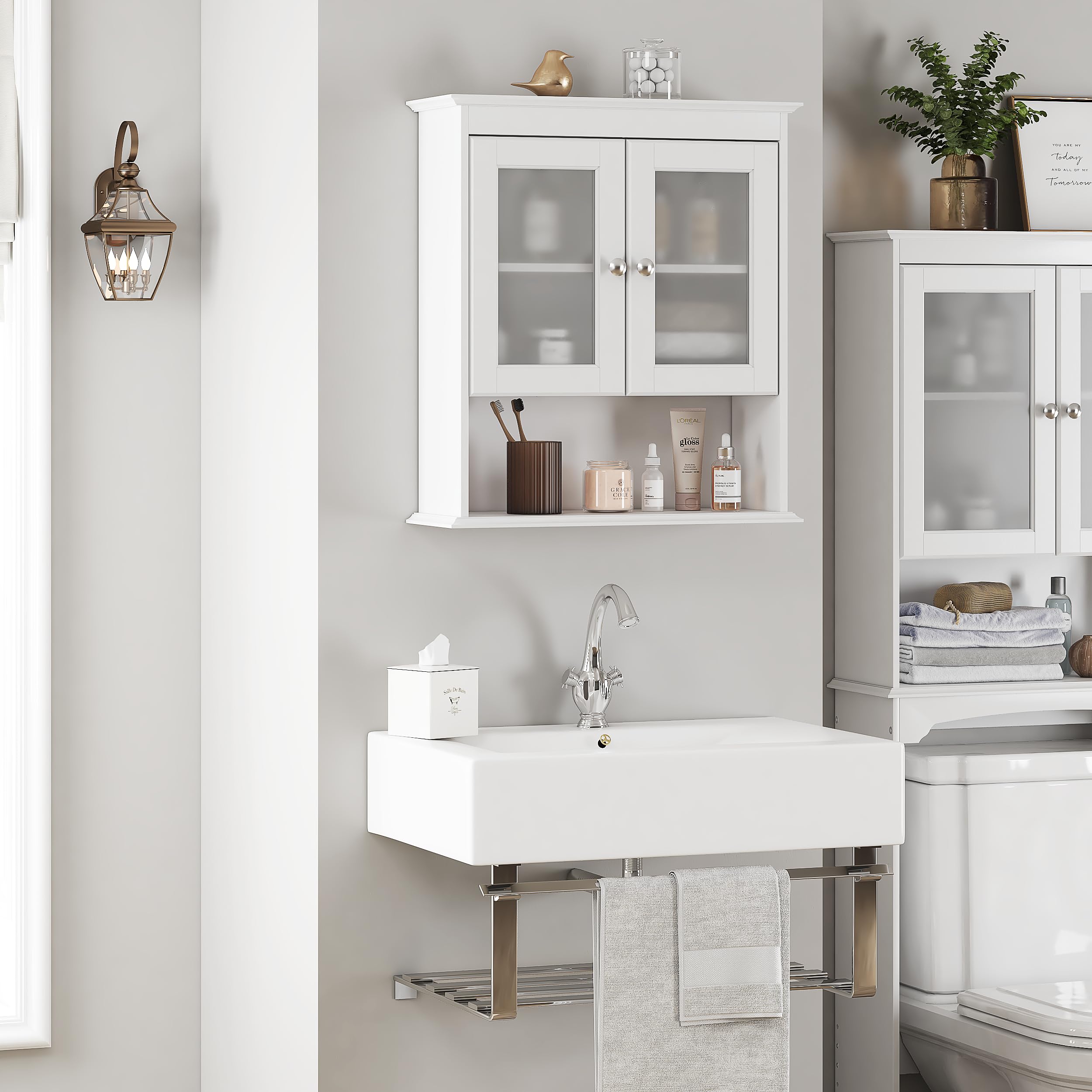 Spirich Bathroom Wall Cabinet with Glass Doors, Small Hanging Medicine Cabinet Wall Mounted, Wood Wall Storage Organizer Space Saver, Espresso