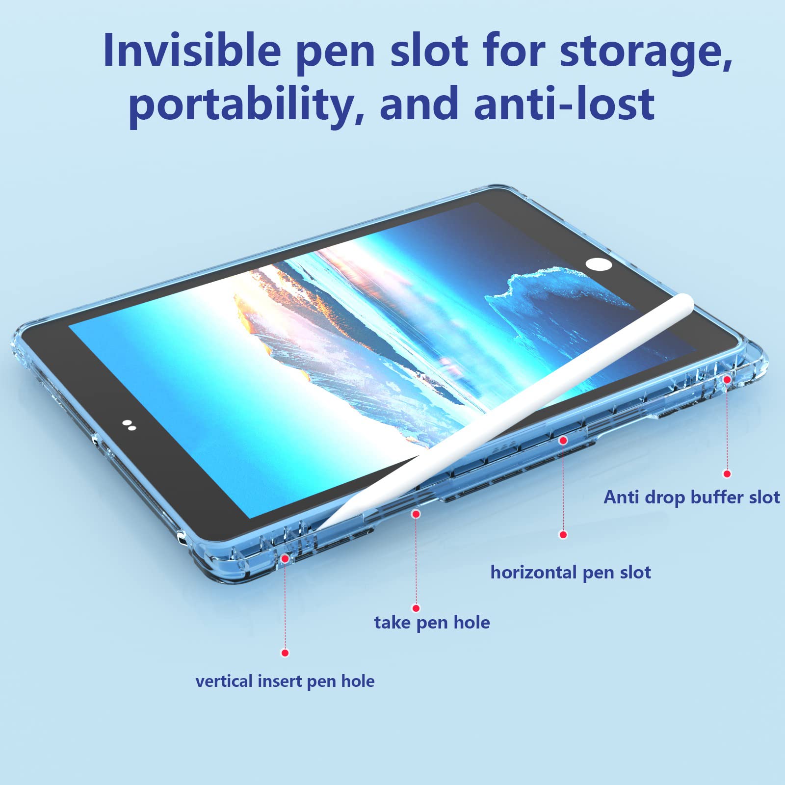SPIUST for iPad 9th 8th 7th Generation Case Clear with Soft TPU,Built-in Pencil Holder &360 Degree Rotato Kickstand, Corner Protection Shockproof Rugged Case for iPad 10.2 inch Gen- Light Blue