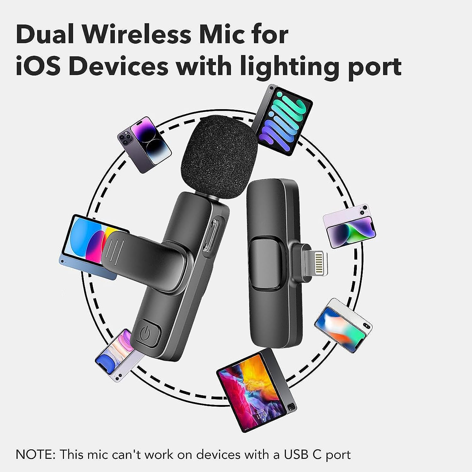 Wireless Lavalier Microphone for iPhone iPad, with 2 Pack Plug-Play Omnidirectional Condenser Professional Wireless Lavalier Mic for YouTube TikTok Vlolg Interview Live Stream Video Recording