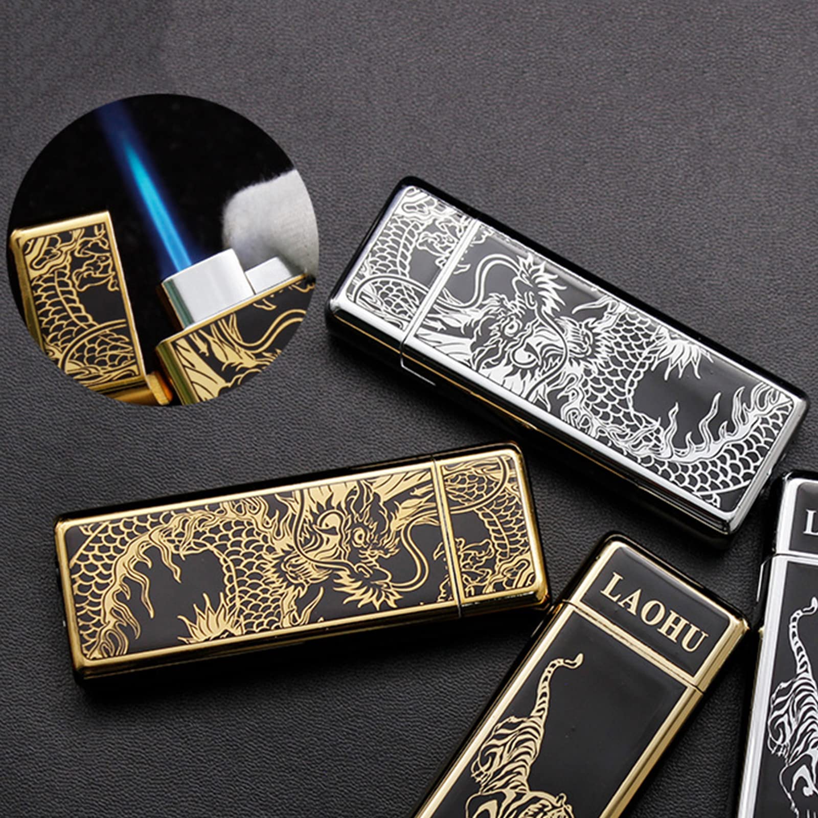 Windproof Butane Gas Filled Lighter, Jet Flame Dragon Lighter, Refillable Torch Lighter with Adjustable Flame for Camping, Outdoor Activities, Candles and More - Lightweight, Stylish and Portable-Gold