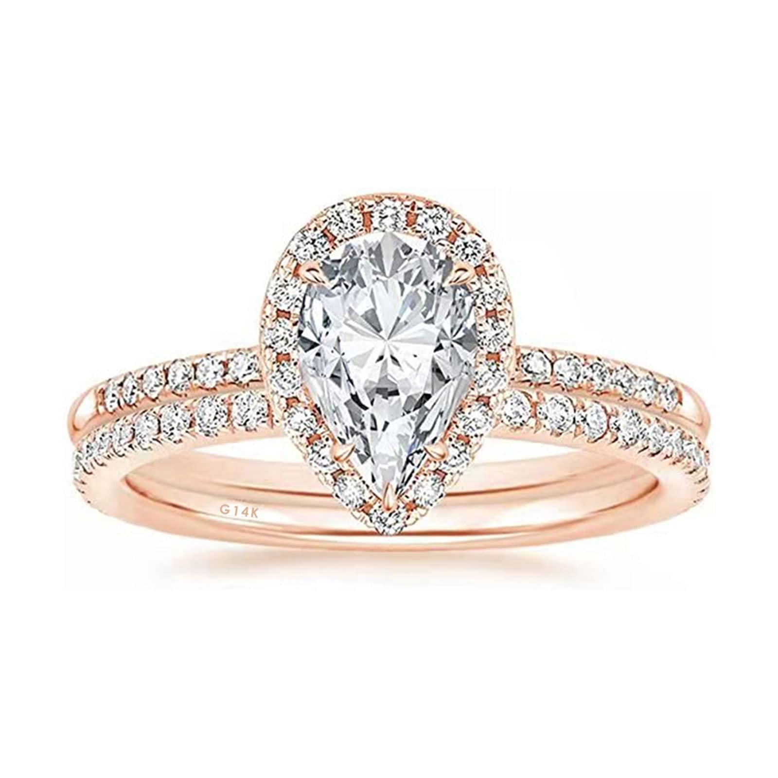 WSX Gold 1ct Pear Bridal Rings Sets for Women Moissanite Simulated Diamond Her Engagement Halo Wedding Promise Ring, 2 Piece Set