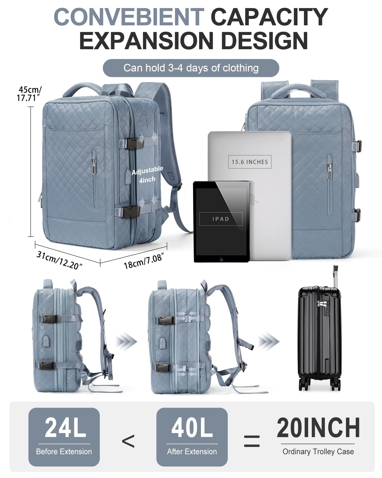 WONHOX Travel Backpack for Women Carry On Airline Flight Approved Expandable Work Personal Item size Backpack Bag with Laptop compartment for College Men Hiking Waterproof Mochila de Viaje Black