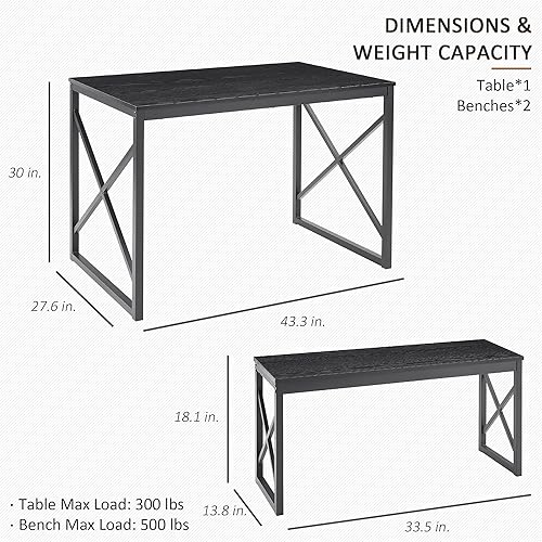 VECELO Kitchen Table with 2 Benches for 4, Wood Dining Room Dinette Sets with Metal Frame for Breakfast Nook and Small Space, 43.3", Black