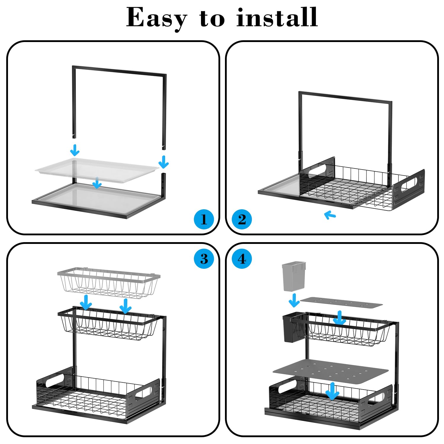 untovei 2 Pack Under Sink Organizer, Metal Pull Out Under the Sink Organizer Bathroom,2 Tier under kitchen sink organizers and storage with hanging cups,Under Sink Mat for Bathroom/kitchen/cabinet