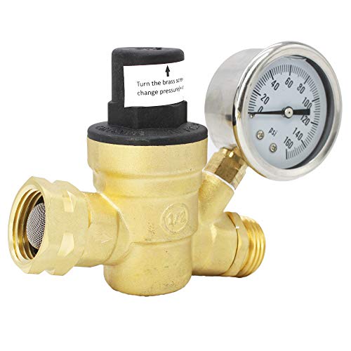X-Haibei RV Water Pressure Regulator Valve Brass Lead-Free 3/4 inch Threads Body with Gauge and Screened Filter