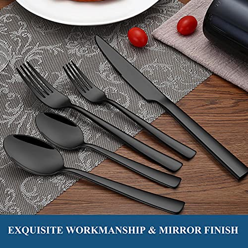 Wildone 40-Piece Black Silverware Set, Stainless Steel Flatware Square Cutlery Set Service for 8, Eating Utensils Include Knife Fork Spoon, Mirror Polished & Dishwasher Safe