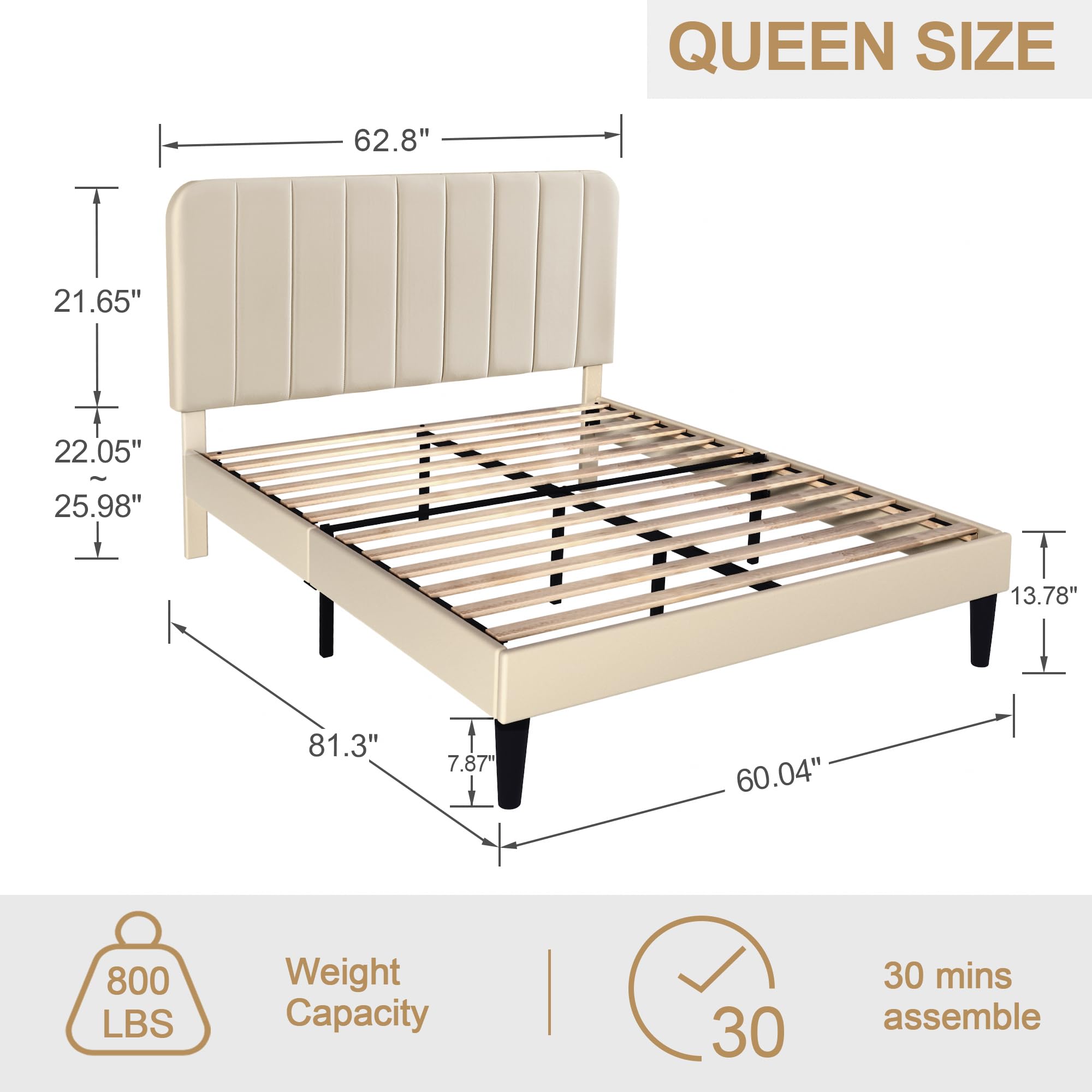 VECELO Queen Size Upholstered Bed Frame with Adjustable Headboard, Velvet Platform Bedframe Mattress Foundation, Strong Wood Slat Support, No Box Spring Needed, Beige