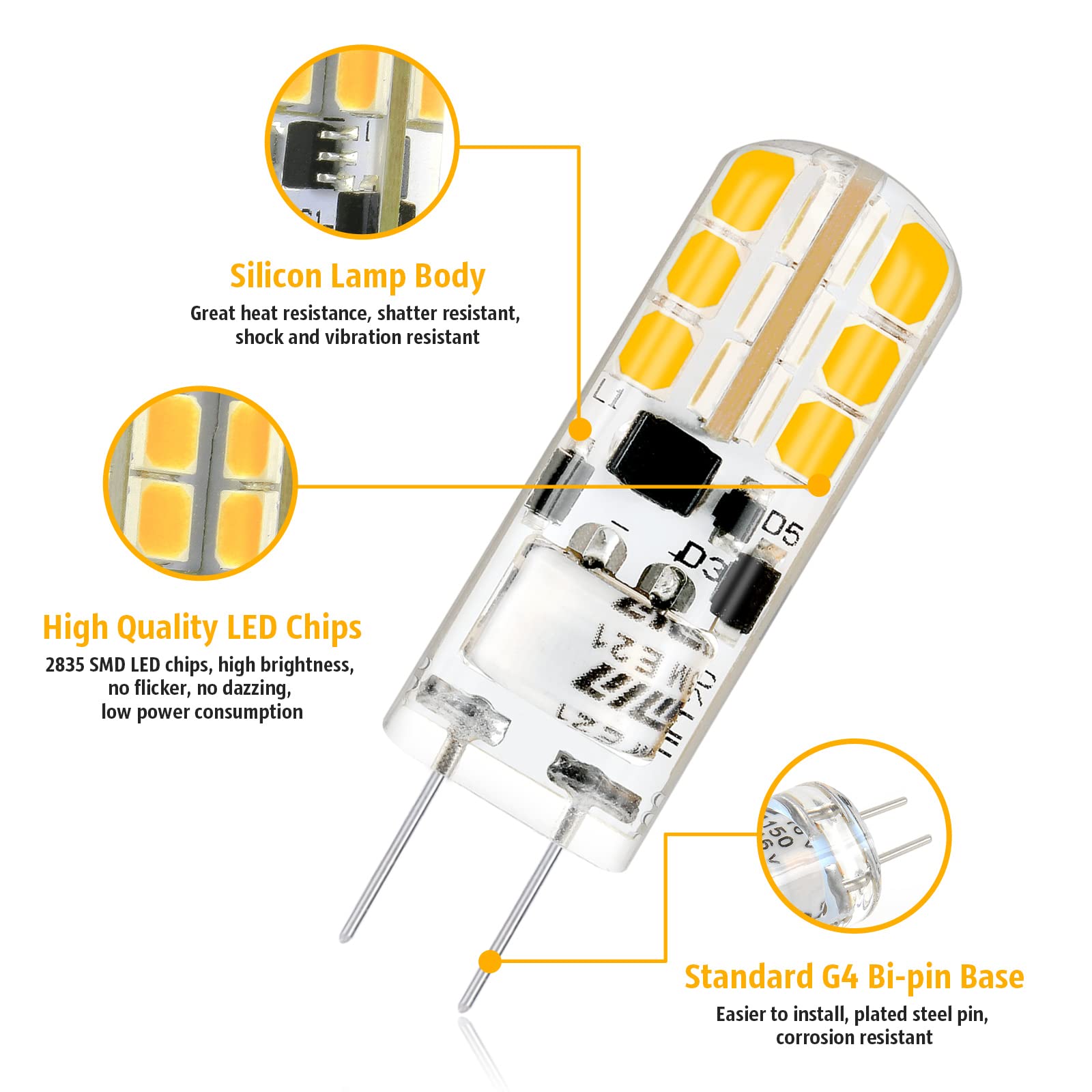 YUIIP G4 LED Bulb Light 3W 12V AC/DC Warm White 2700K G4 Bi-pin Base Lamp 48x3014 SMD 20W 30W Halogen Bulbs Replacement for Landscape Under Cabinet Lighting, Non-dimmable, Pack of 8