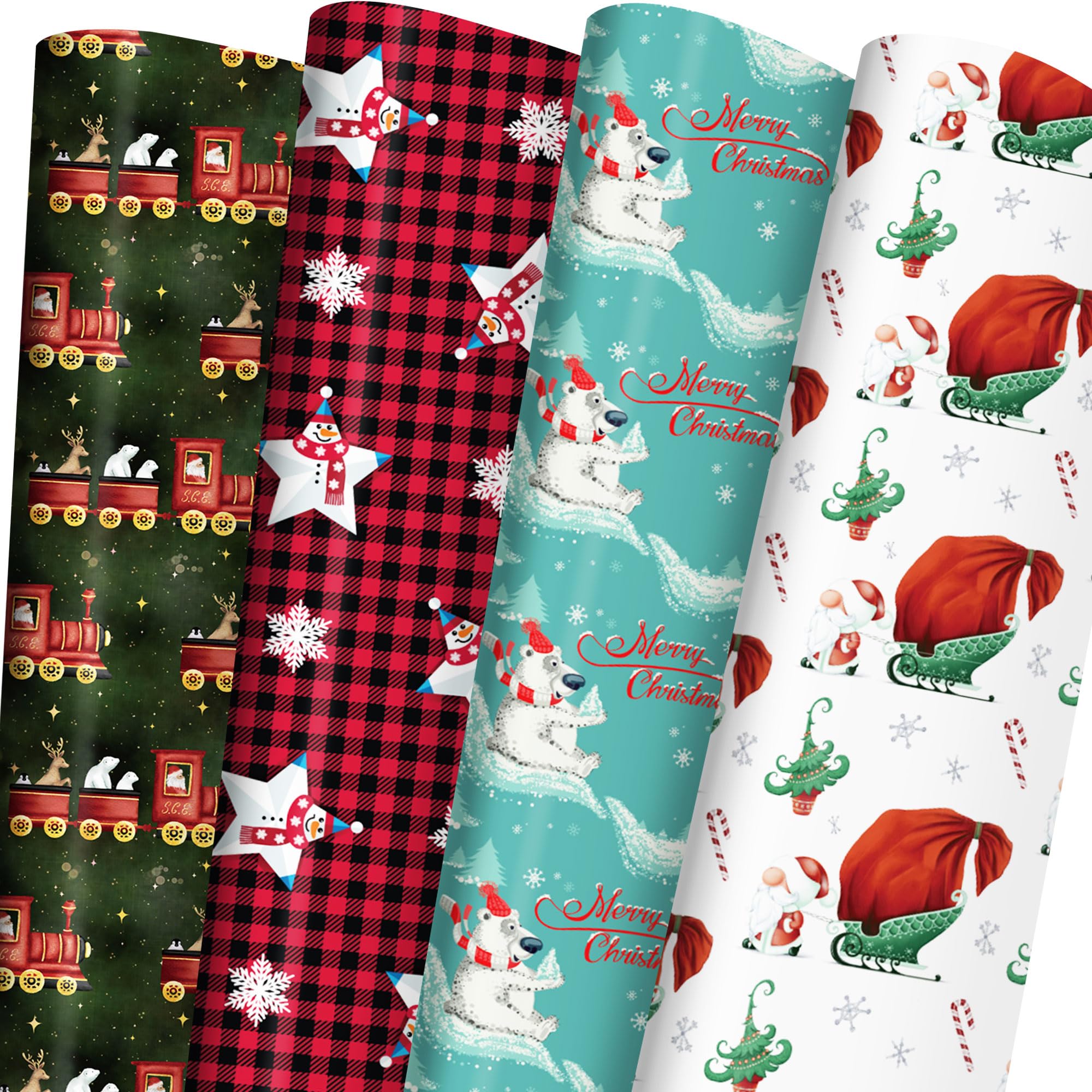 ZINTBIAL Funny Christmas Wrapping Paper for Kids Adults - Xmas Gift Wrap with Red/Black Plaid Snowman, Polar Bears, Cute Santa, and Christmas Train Designs - 20 x 29 Inches, 8 Folded Sheets -