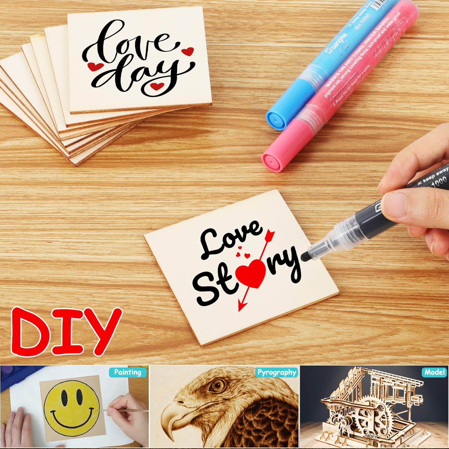 Unfinished Wood Board - 55Pcs 5 x 5in Blank Natural Slices Wood Square for DIY Crafts Painting, Scrabble Tiles, Coasters, Pyrography, Decorations
