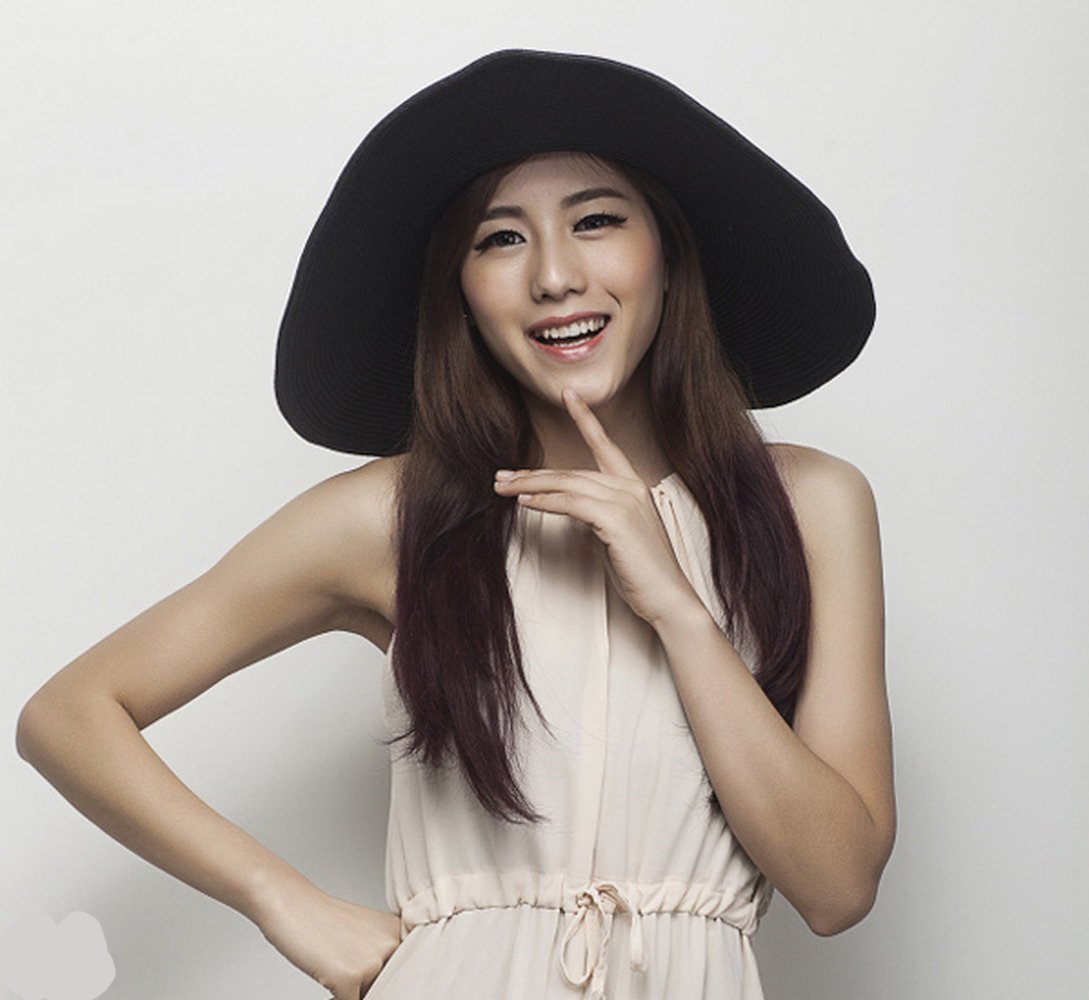Women's Ridge Wide Floppy Brim Summer Beach Sun Hat Straw Cap Party Garden Travel (Black)