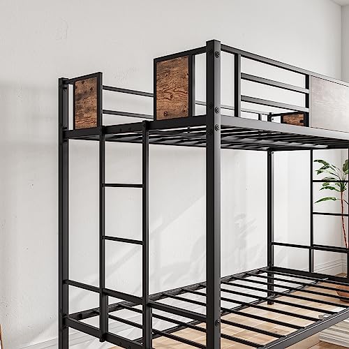 VECOCHO Metal Bunk Bed Twin Over Twin with 2- Side Ladder and Full-Length Guardrail,Space-Saving Design/No Box Spring Needed/Noise Free,Black & Vintage Brown
