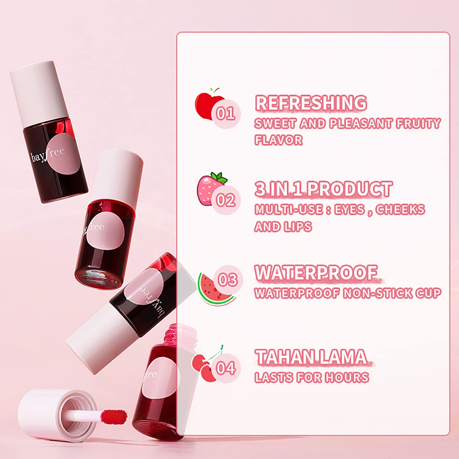 Yocisku 4 Colors Lip Tint and Stain Set, Liquid Lipstick Kit, Bright Vivid Tint for Lips, Cheeks, Eyes, Waterproof and 24 Hours Long Lasting, Moisturizing Fruity Color
