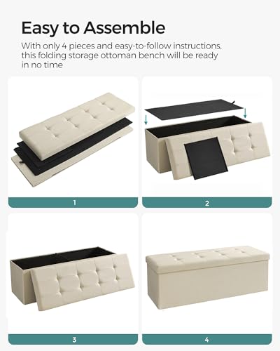 SONGMICS 43 Inches Folding Storage Ottoman Bench, Storage Chest, Foot Rest Stool, Bedroom Bench with Storage, Beige ULSF77BE