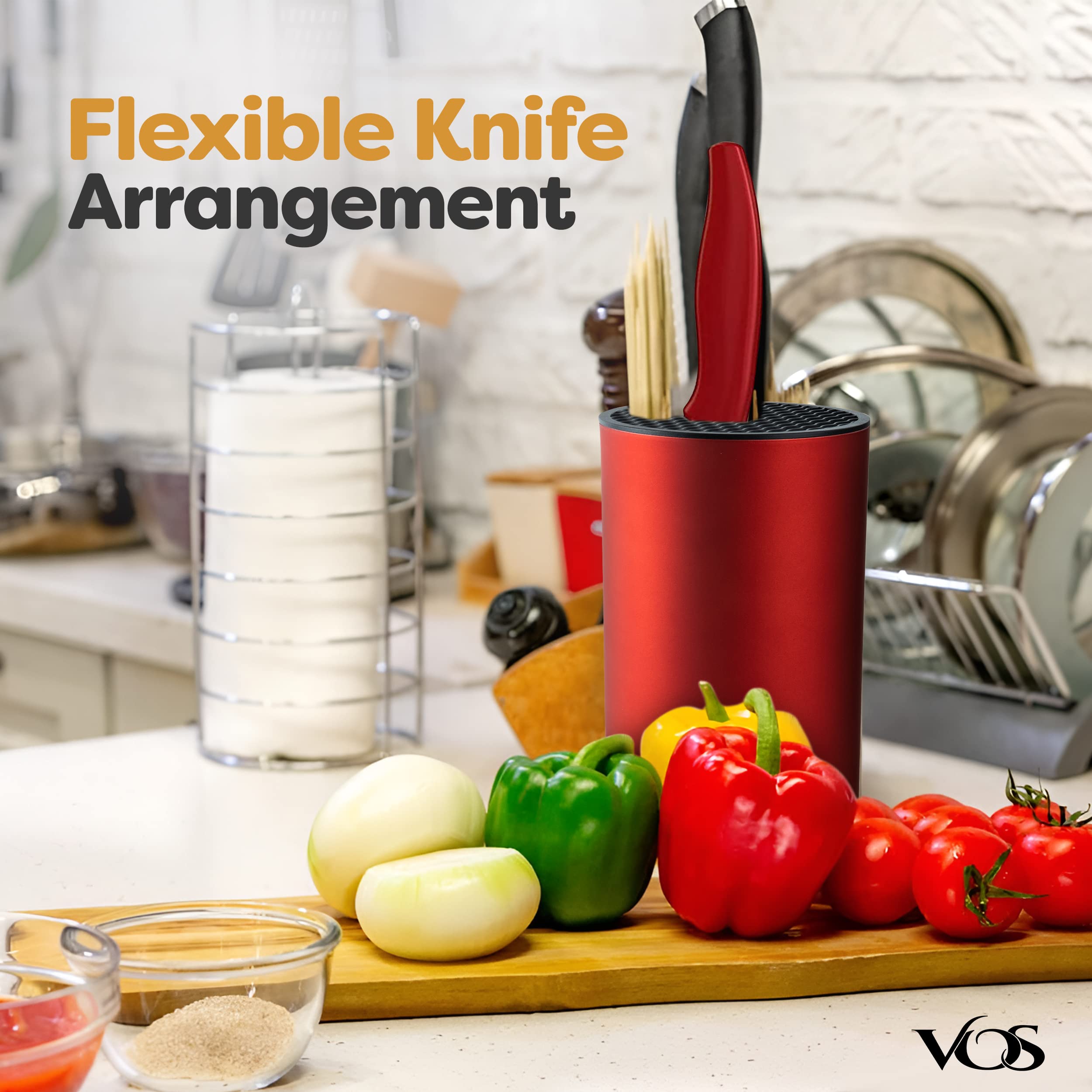 Vos Universal Knife Block and Ceramic Kitchen Knives With Covers, Ceramic Paring Knife 4", 5", 6" Inch Red