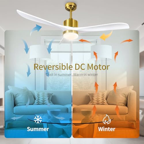 Wisful 56" Ceiling Fans with Lights Remote Control,Outdoor Wood Ceiling Fan with Light Memory for Patio Gazebo Living Room Bedroom(Gold and White)