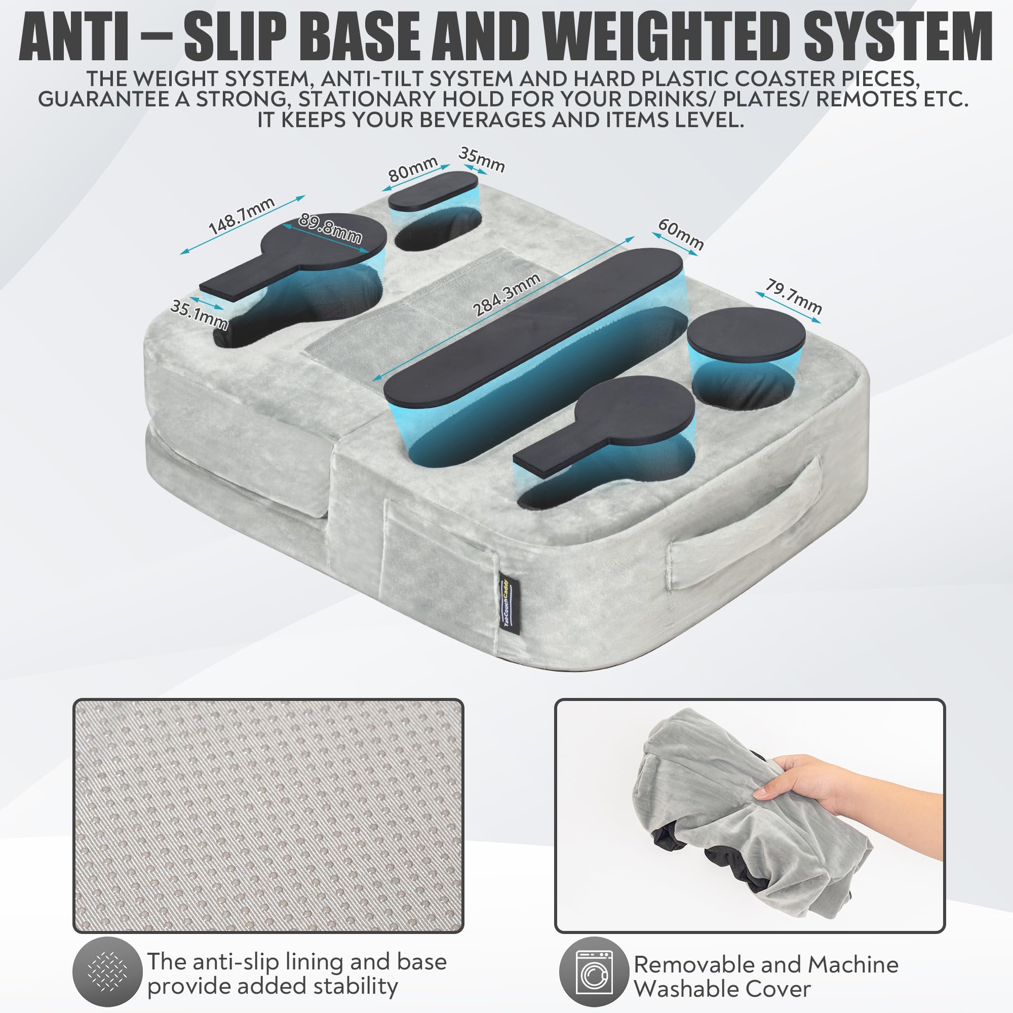 TabCouchCaddy - Couch Cup Holder Tray & Tablet Pillow Stand - Bed, Couch Caddy, Sofa, RV & Car - Holds Drinks, Snacks, Remotes, Phones, Tablet - iPad, Galaxy Tab Compatible | Bed Cup Holder (Grey)