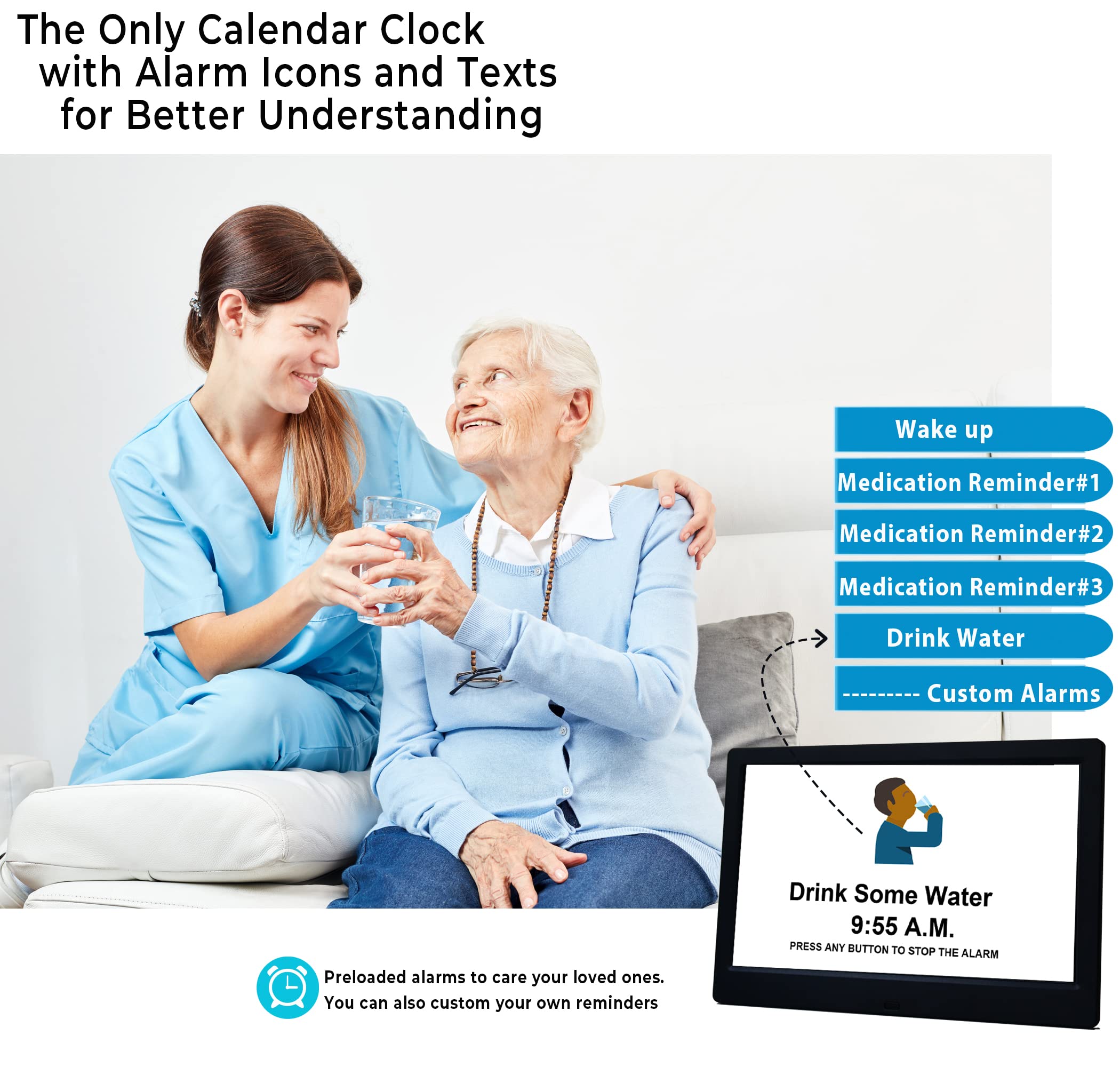 Véfaîî 11.5 '' Ultra Large Digital Clock with 19 Alarms & 20 Custom Reminders, Auto DST & Dimming Clock for Wall and Table, Calendar Clock for Seniors Vision Impaired Memory Loss,Black (QM1001-BLACK)