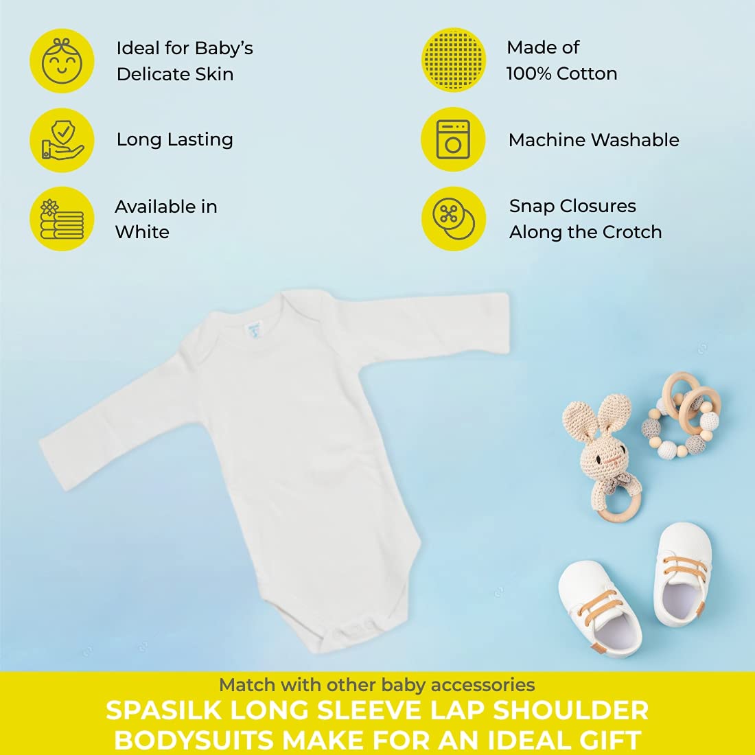 Spasilk Unisex-Baby Newborn Long Sleeve Lap Shoulder Bodysuits, 3 pack, 0 - 24 Months - White Bodysuits
