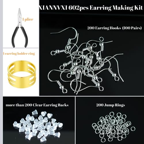 XIANNVXI Earring Making Kit,925 Silver Plated,602PCS Earring Making Kit, Hypoallergenic Earring Hooks for Jewelry Making,Jump Rings,Rubber Earring Backs, Tools