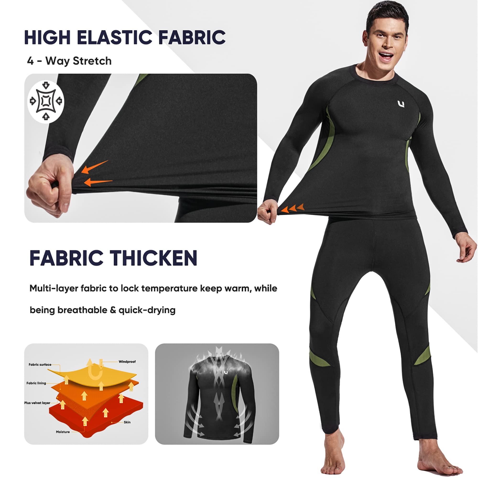 UNIQUEBELLA Men's Thermal Underwear Sets Top & Long Johns Fleece Sweat Quick Drying Thermo Base Layer Green