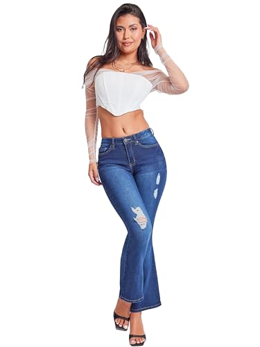 YMI Junior Women's Classic High Waisted Bell Bottom Denim Jeans (Dark wash denim,13)