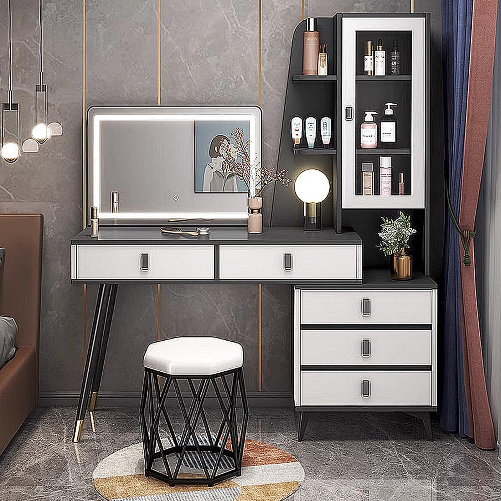 XIGOUZIQU Dresser Table Women Vanity Makeup Table Set Makeup with 5 Drawers Dressing Table with Lighted Mirror and Chair Vanity Benches Desk for Her (Color : Black, Size : 80cm/31.5in L)