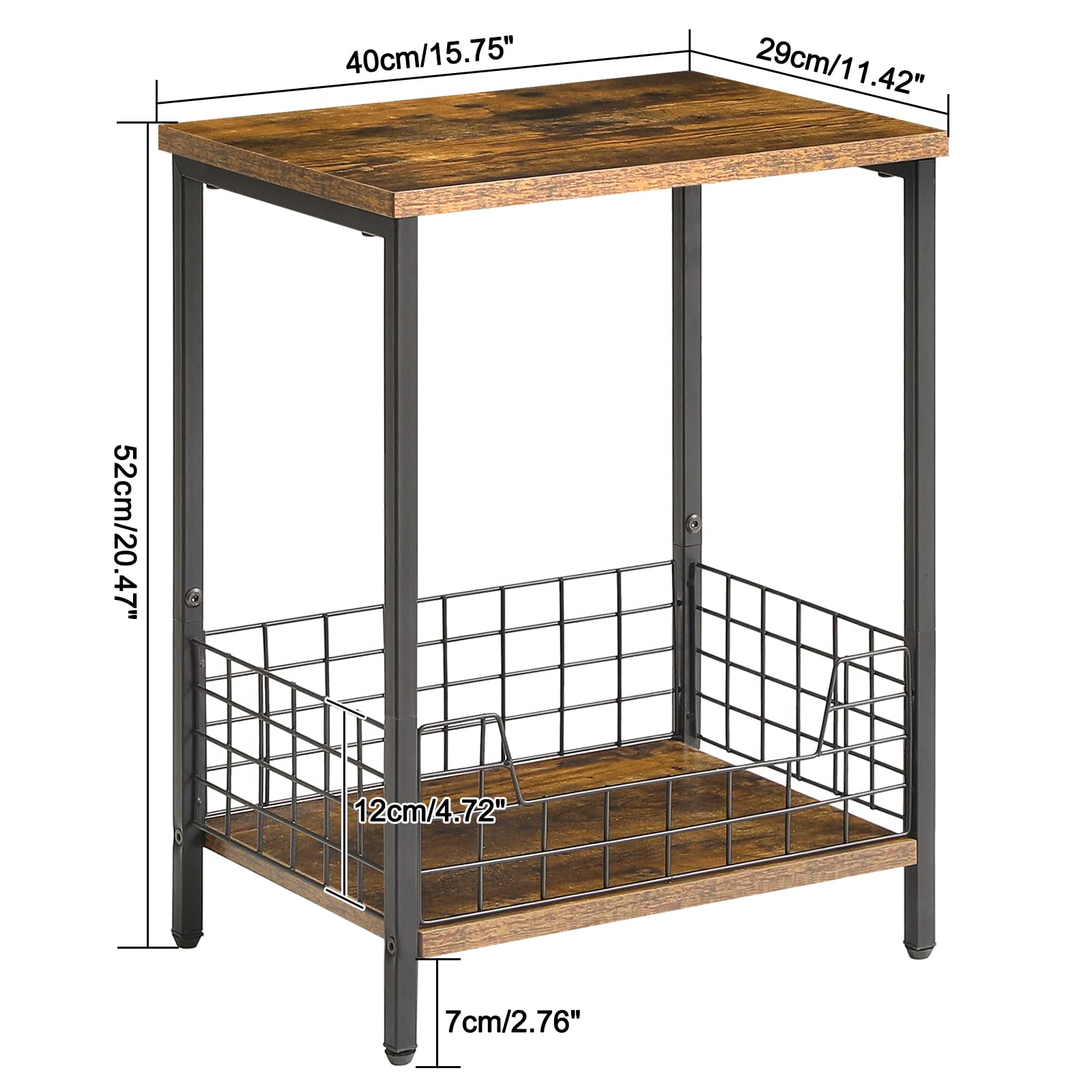 YMYNY 2-Tiers End Table, Side Table with Storage Shelves, Small Nightstand, Industrial Couch Table, for Study, Office, Living Room, Bedroom, Record Player Stand 20.5*15.7*11.4" Rustic Brown UHST001H