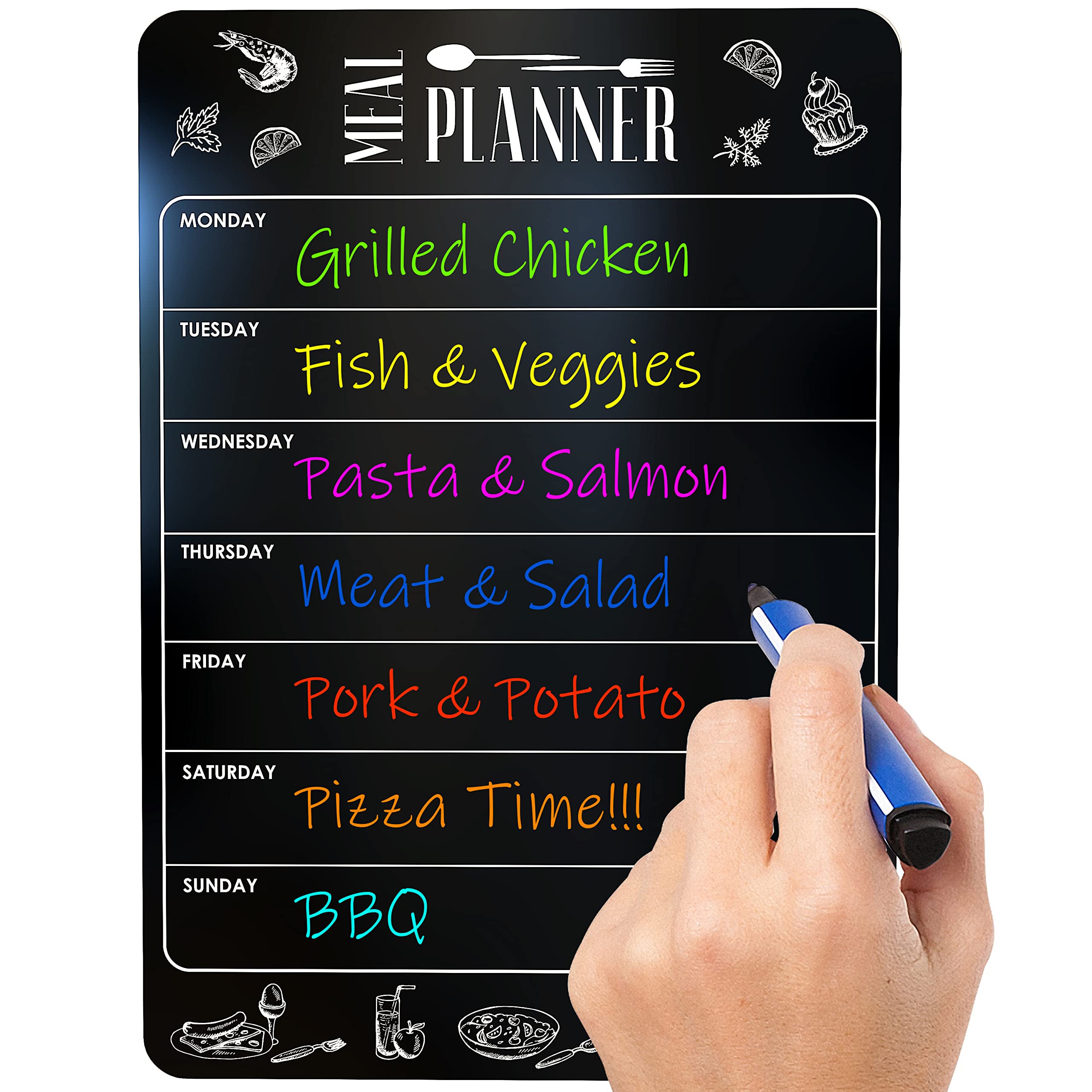Weekly Dinner Menu Board for Kitchen A4-8.5x12 Black Magnetic Weekly Meal Planner for Fridge Dry Erase Weekly Menu Board Magnetic Menu for Refrigerator Food Menu Board Weekly Chalkboard Menu Board
