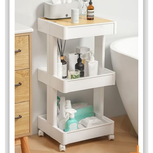 ZYLLZY Rooling Cart, 3 Tier Rolling Shelves Variable Lockable Casters Versatile Mobile Organizer with Lid, Rolling Storage Rack for Office, Home, Kitchen, Bedroom Bathroom