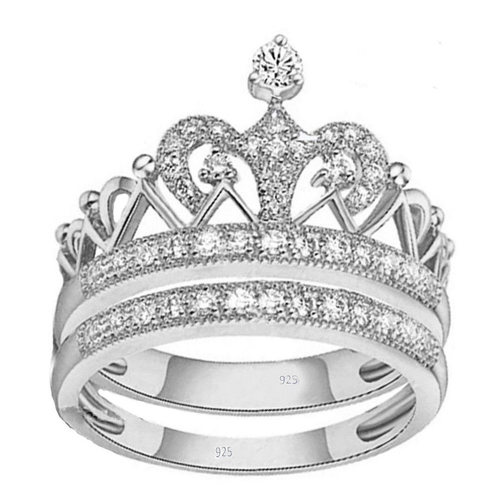 VPKJewelry 2.00 ct Real 925 Sterling Silver Wedding Engagement Crown 2 pc set Ring Women Ladies (6.5)