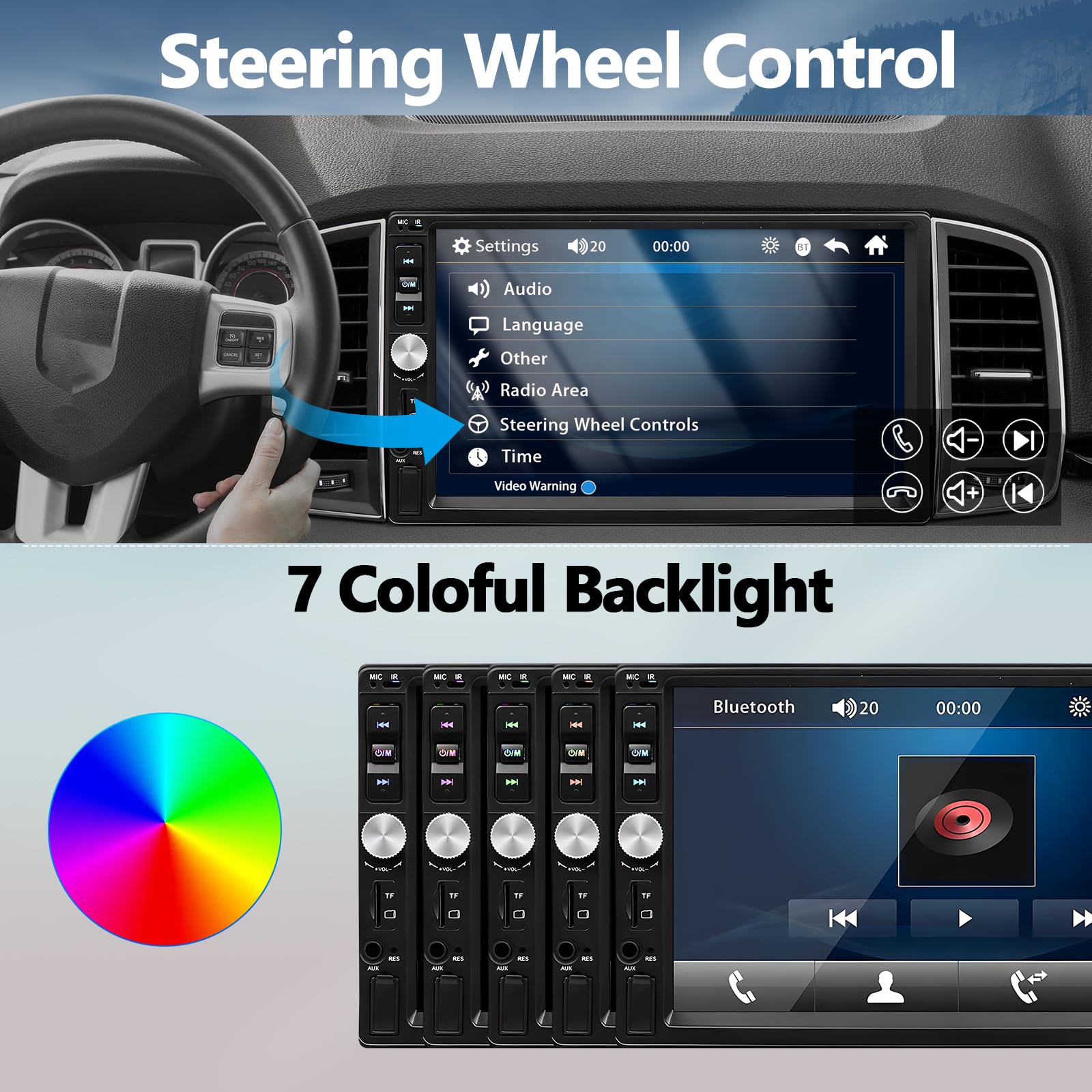 UNITOPSCI Double Din Bluetooth Car Stereo HD 7 Inch Touch Screen with Backup Camera, Mirror Link FM Radio Aux/USB/TF Input Car MP5 Player+ Remote Control