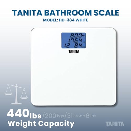 Tanita HD-384 Digital Weight Scale - 440 lbs Capacity Japan Technology Multi-Unit Display LBS, KG, Stone - Step On to Activate Bathroom Scale - with Blue Backlit LCD Display & Tempered Glass (White)