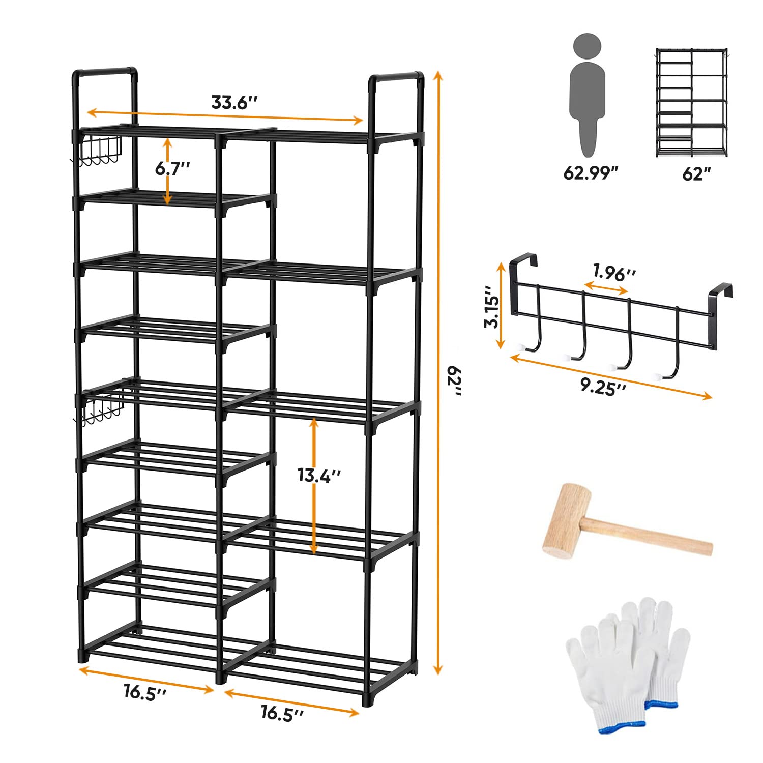 XJJX 9-Tier Shoe Rack Organizer, 28 Pairs Metal Shoe Rack for Closet Boots Organizer Shoe Storage with Side Bag Stackable Shoe Stand for Entryway Hallway and Bedroom