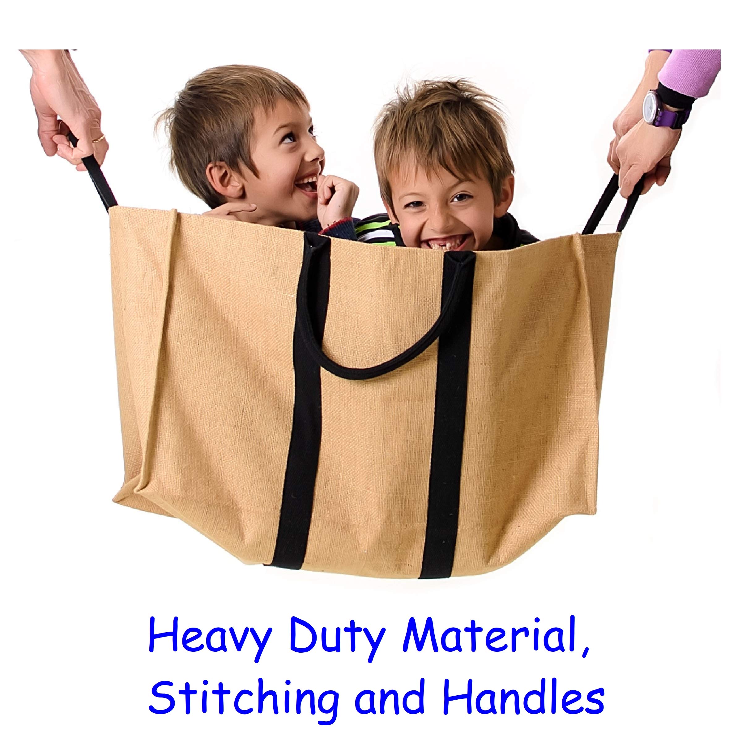 TOPELEPHANT Natural Jute Utility Storage Tote Bag With Four Handles Black Straps | Heavy Duty | Extra Large | 23’’L, 11’W, 13,5’’H’ Style-2