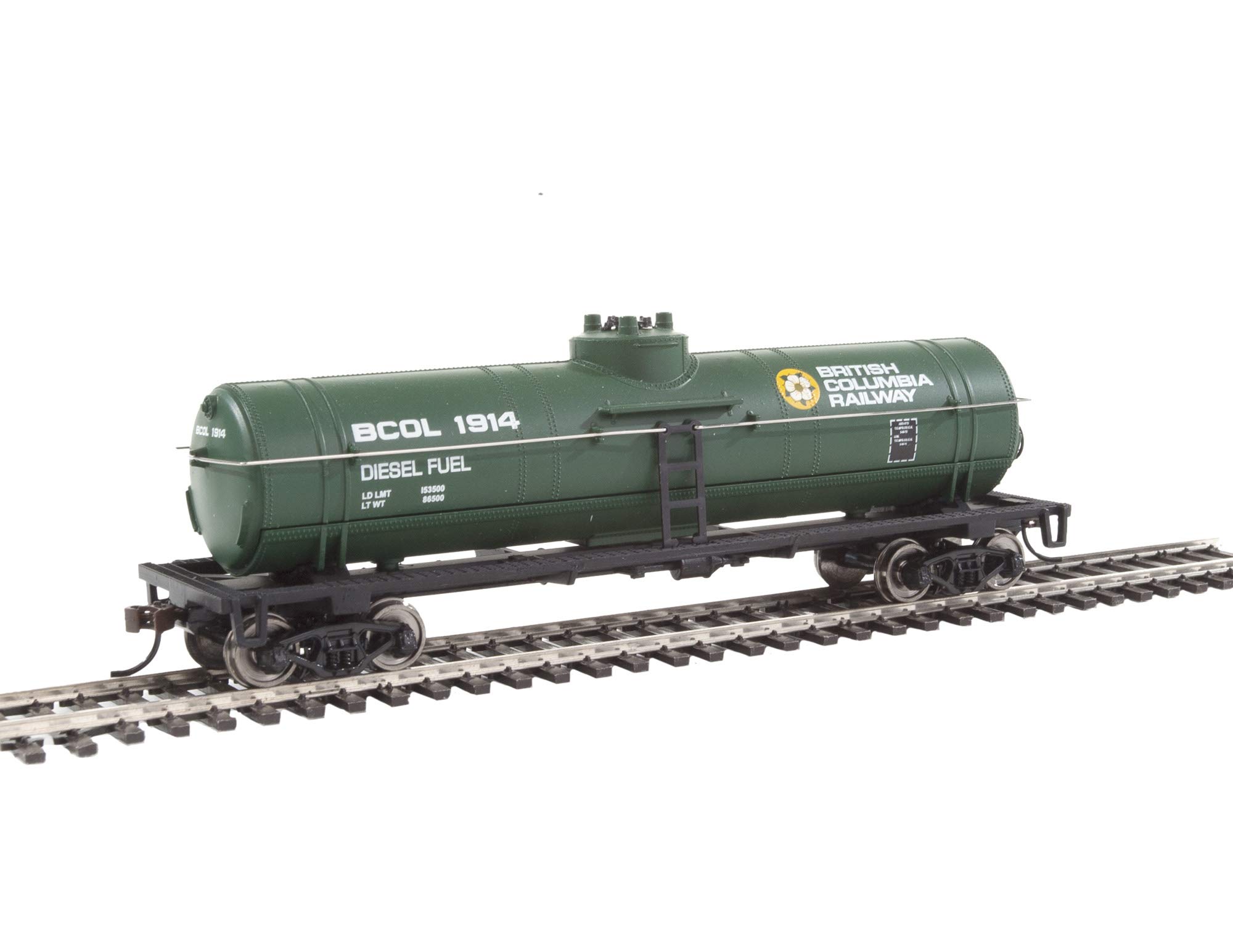 Walthers Trainline HO Scale Model British Columbia Railway Tank Car, Green/Yellow/White