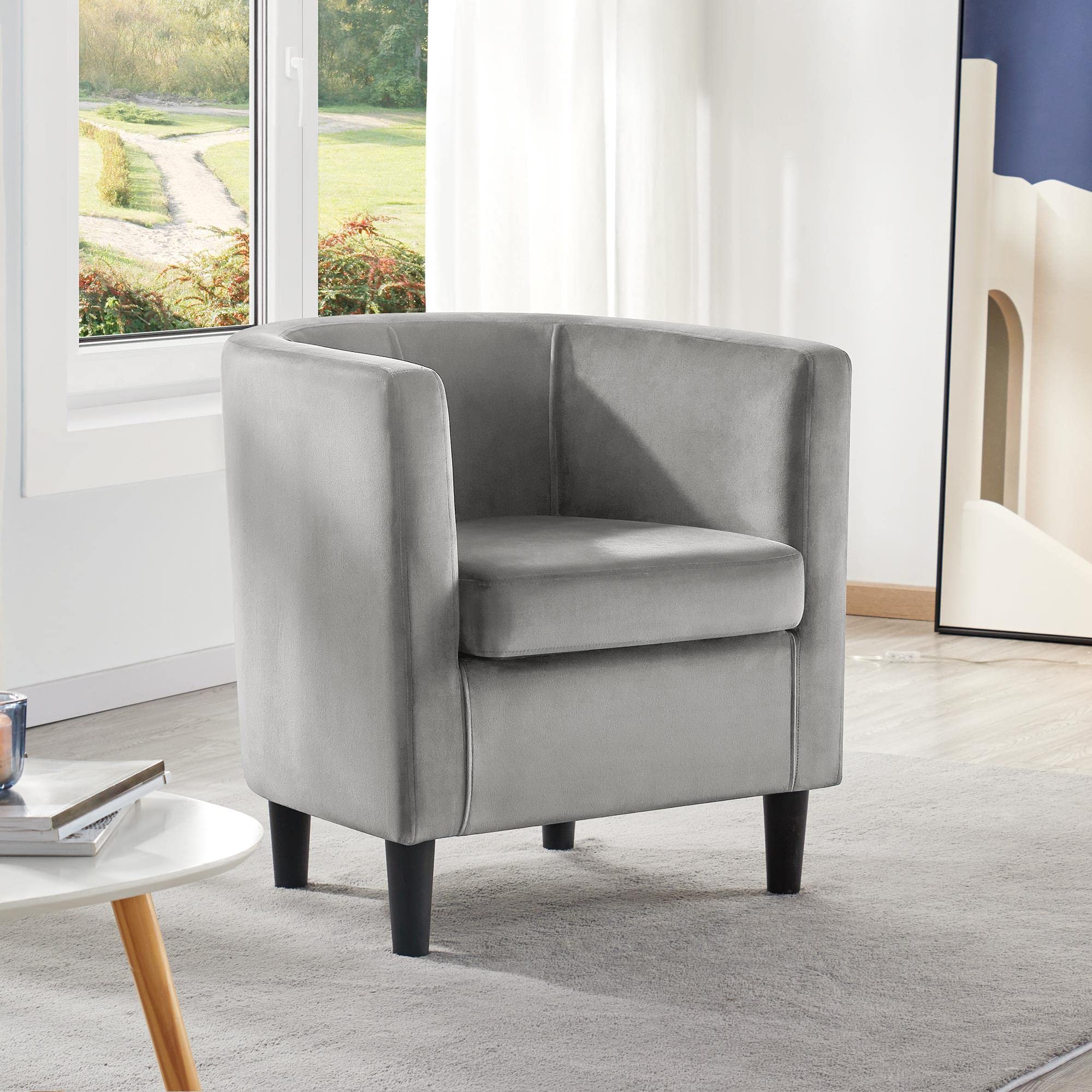 Yaheetech Accent Chair, Modern Velvet Armchairs with Big Ample Seat, Half Rounded Back, Cozy Upholstered Barrel Sofa Chair for Living Room Bedroom Waiting Room, Gray