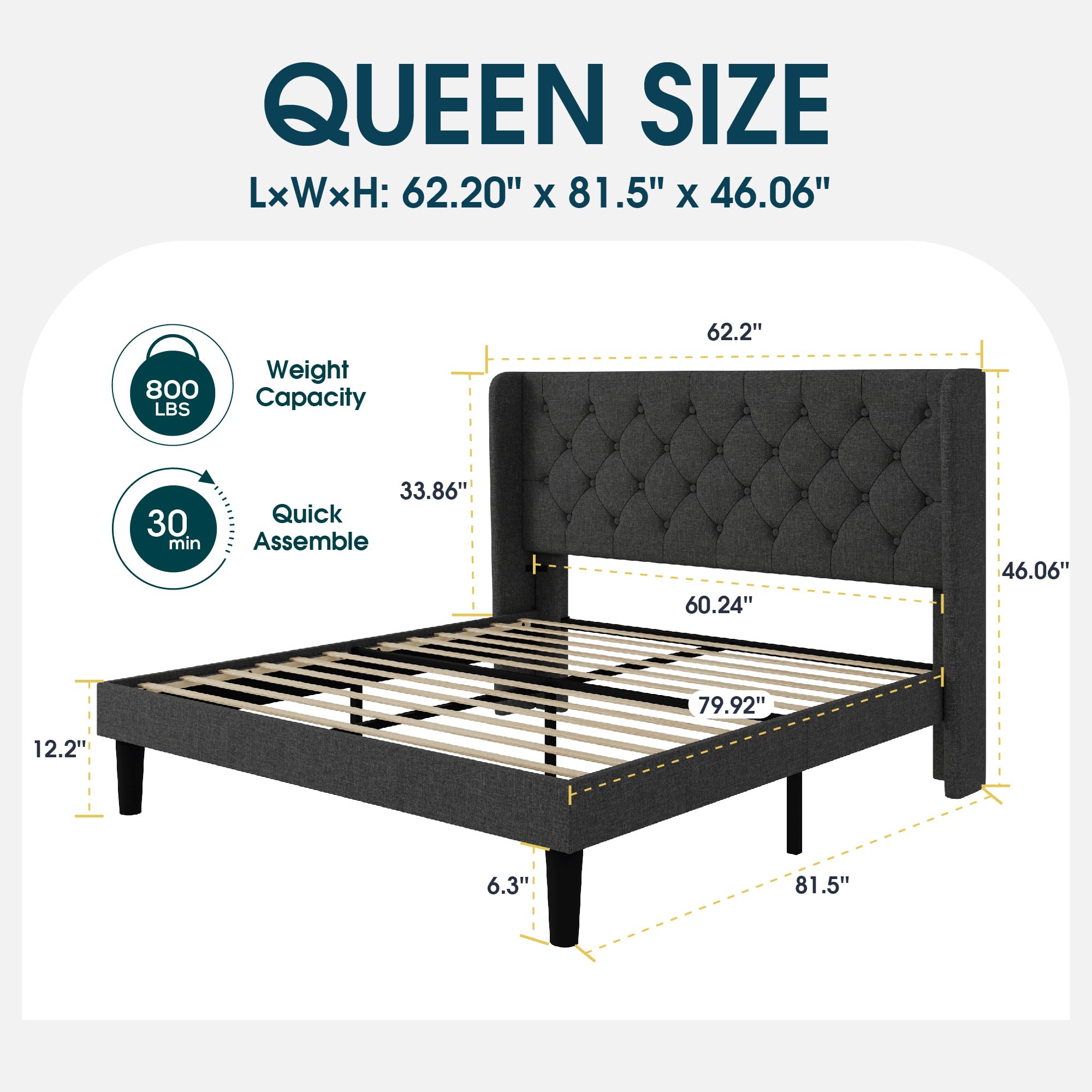 WEEWAY Queen Upholstered Bed Frame with Tufted Wingback Headboard,Modern Platform Bed with Wooden Slats Support - Easy Assembly, Non-Slip and Noise-Free - Dark Gray