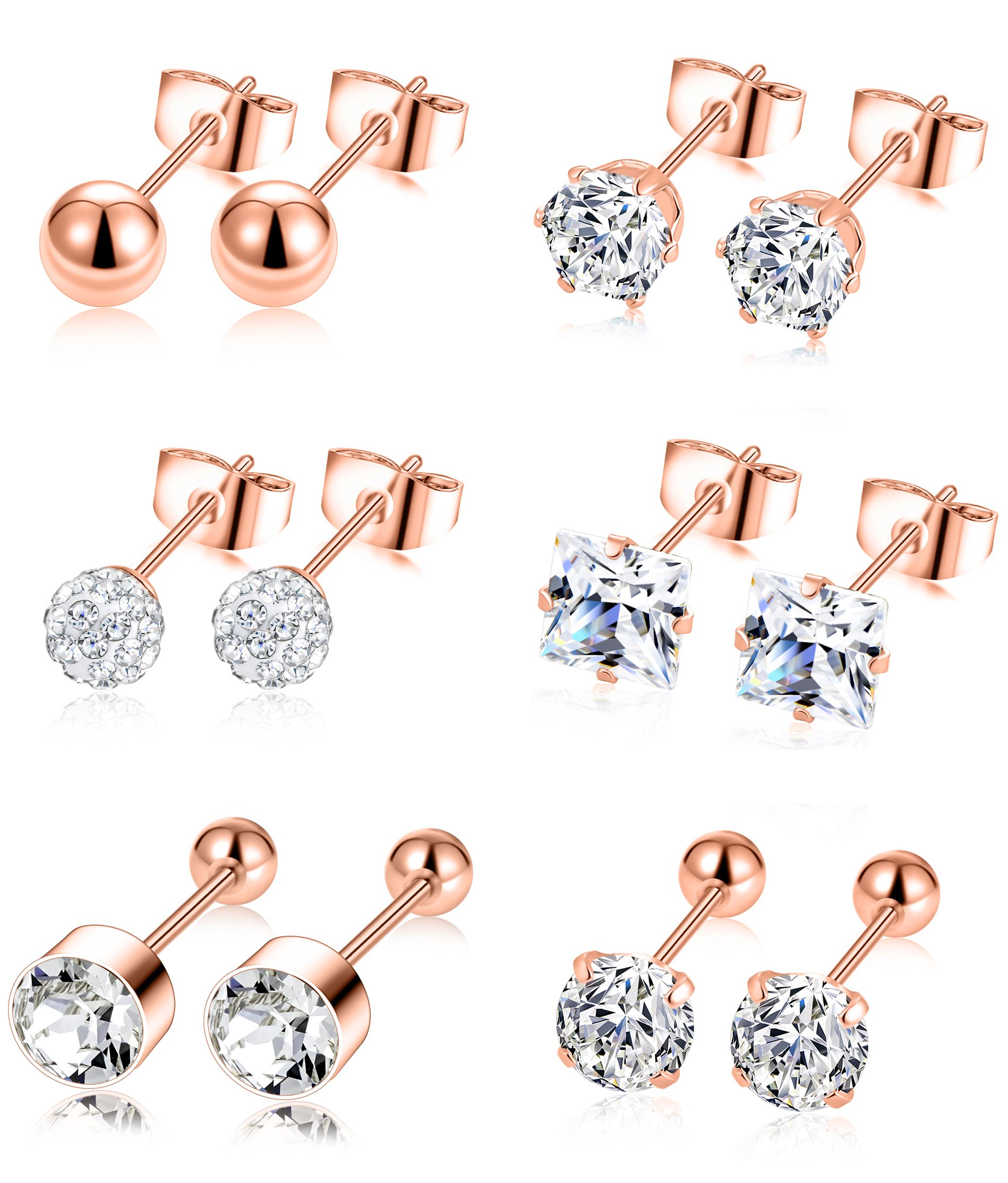 Tornito 6 Pairs Stainless Steel Stud Earrings CZ Ball Earring Set For Men Women 4MM/6MM/8MM Silver Rose Gold Tone