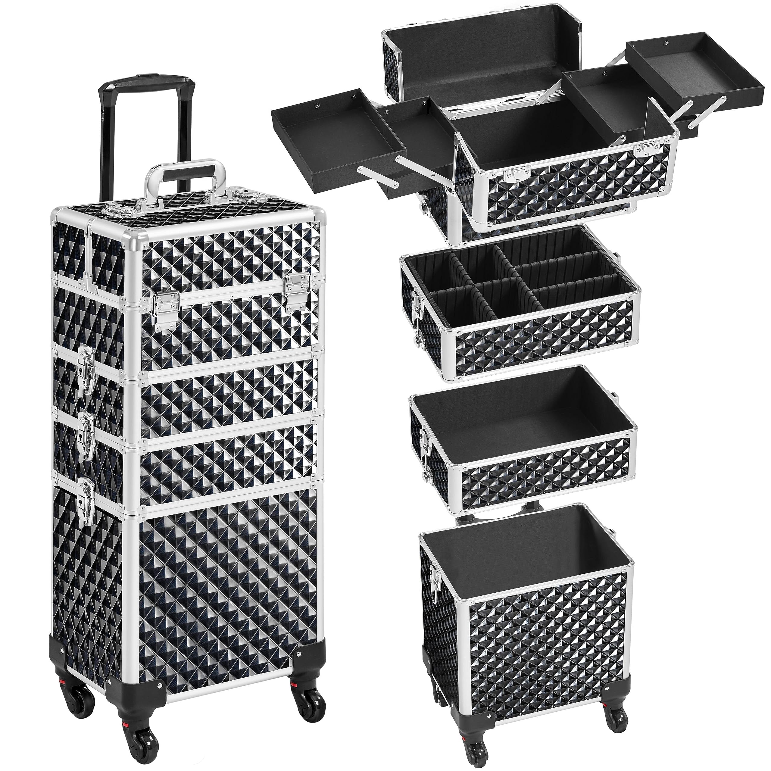 Yaheetech Professional Makeup Train Case 4 in 1 Cosmetic Trolley Nail Tech Travel Case Rolling Makeup Organizer Salon Barber Case with Wheels Hairstylist