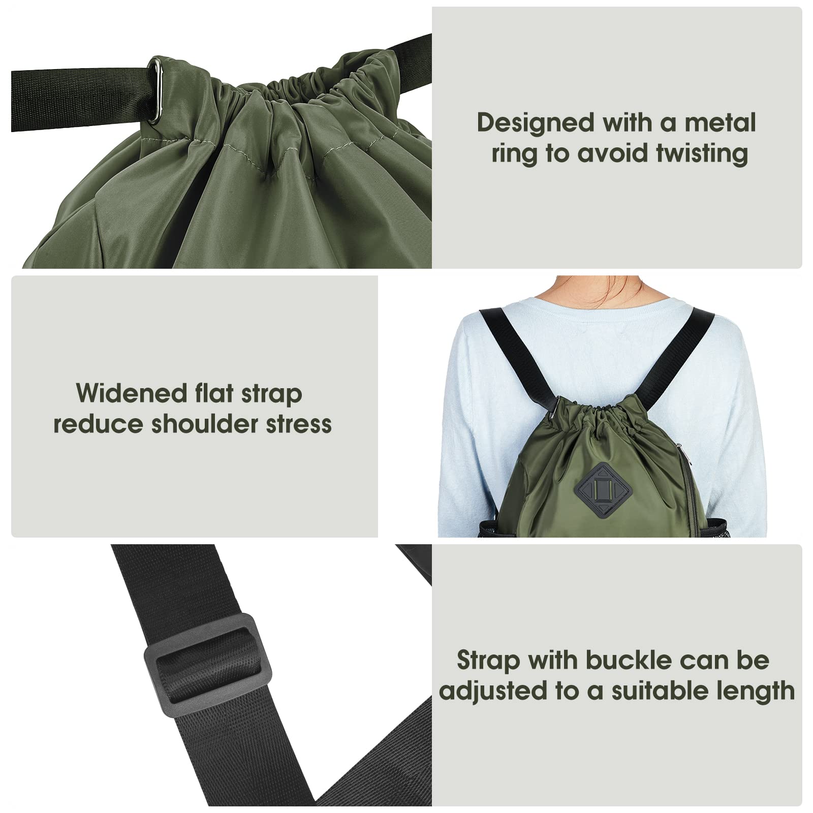 WANDF Drawstring Backpack Sports Gym Bag with Shoes Compartment, Water-Resistant String Backpack Cinch for Women Men (Small,Dark green)