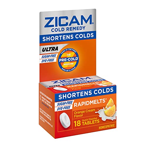 Zicam Ultra Cold Remedy Zinc Rapidmelts, Orange Cream Flavor, Homeopathic, Cold Shortening Medicine, Shortens Cold Duration, Sugar-Free, Dye-Free, 18 Count