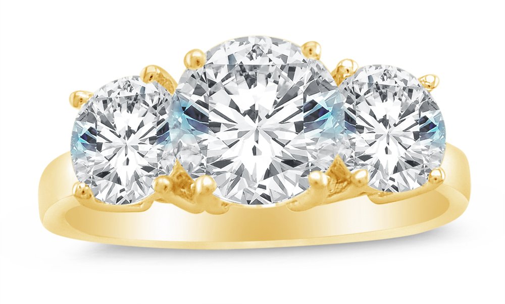 Size 6.5 - Solid 14k Yellow Gold 3 Three Stone Round Brilliant Cut Solitaire with Round Side Stones CZ Cubic Zirconia Engagement Ring 2.0ct.