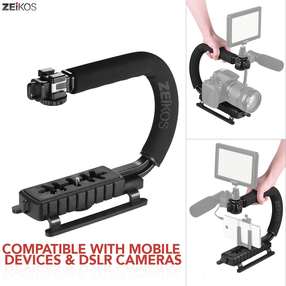 Zeikos Video Action Stabilizing Handle Grip Handheld Stabilizer with Shoe Mount and C Shape Rig Low Position Shooting System for DSLR, GoPro, Smartphones + Free MiracleFiber Microfiber